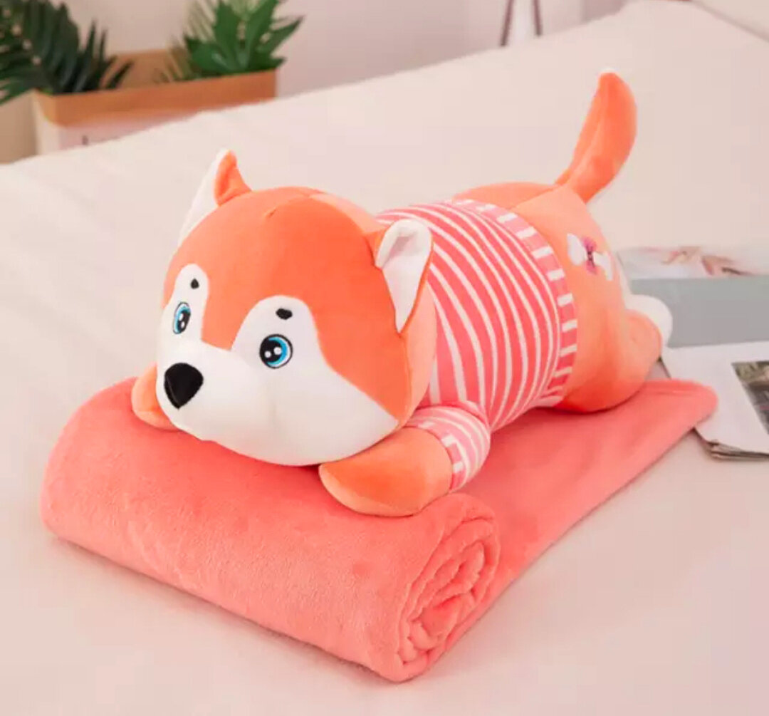 Мягкая игрушка-подушка Собака Хаски с пледом внутри, 3 в 1, 60 см