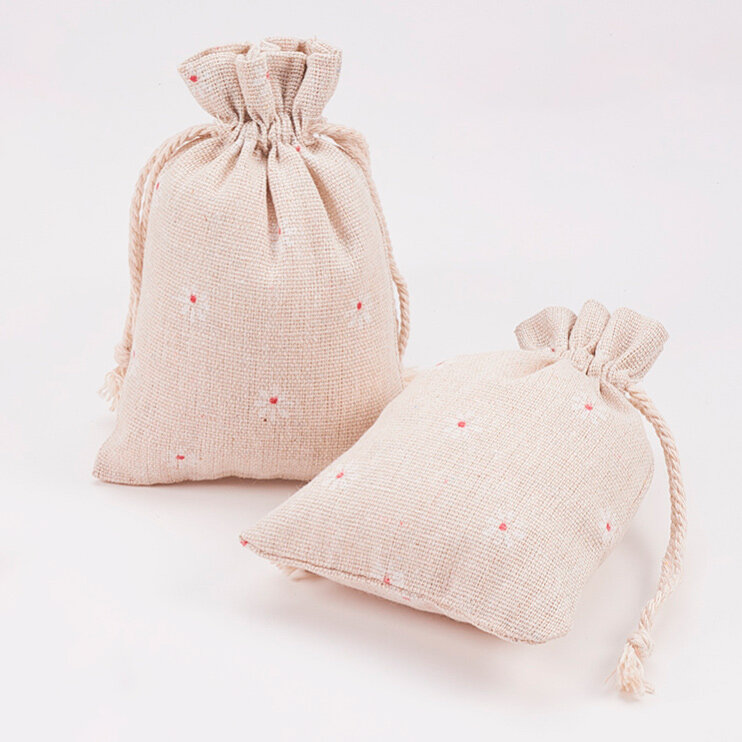 Мешочек хлопковый, 14х10см, с цветочками, льняного цвета, 5 шт.