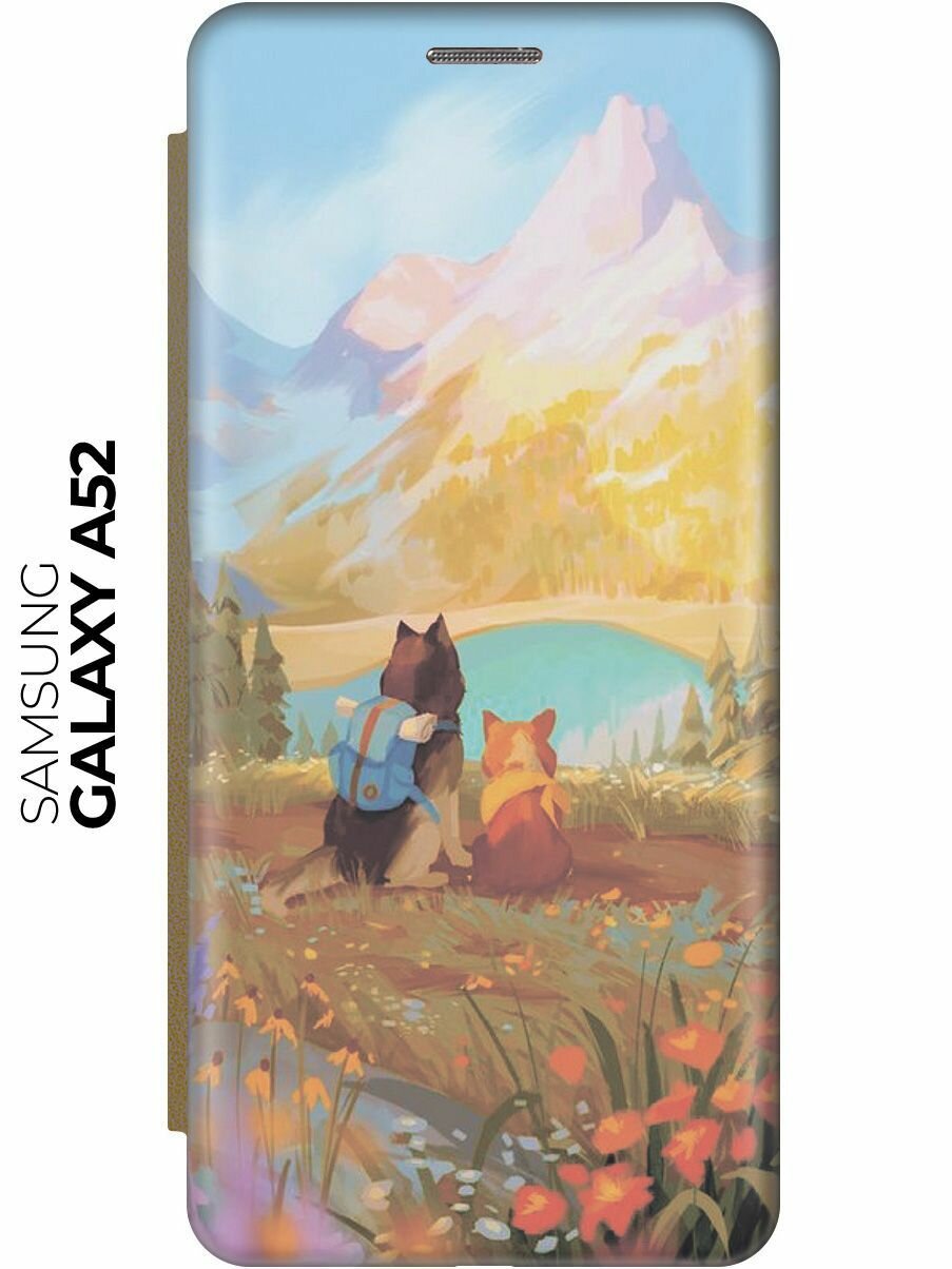 Чехол-книжка Собаки путешественники на Samsung Galaxy A52 / Самсунг А52 золотой