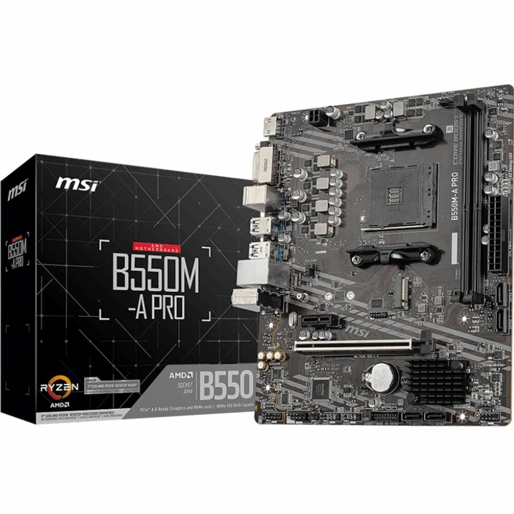 Материнская плата MSI B550M-A PRO B550, AM4, 2*DDR4, 1*PCIEx16, 1*PCIEx1, 1*M.2, 6*USB3.2Gen1, 6*USB2.0, 4*SATA3.0, 1G, DVI, HDMI, M-ATX, RTL