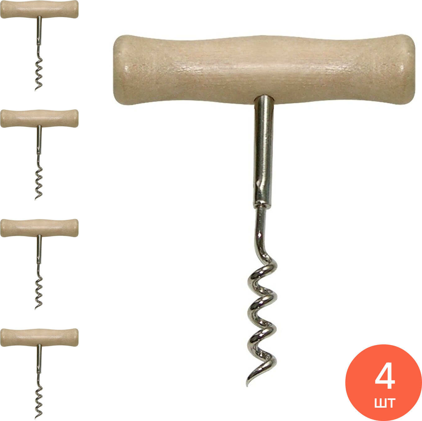 Штопор MultiDom / Мультидом Ретро механический металл с деревянной ручкой 9x10x2см / открывашка для бутылок (комплект из 4 шт)