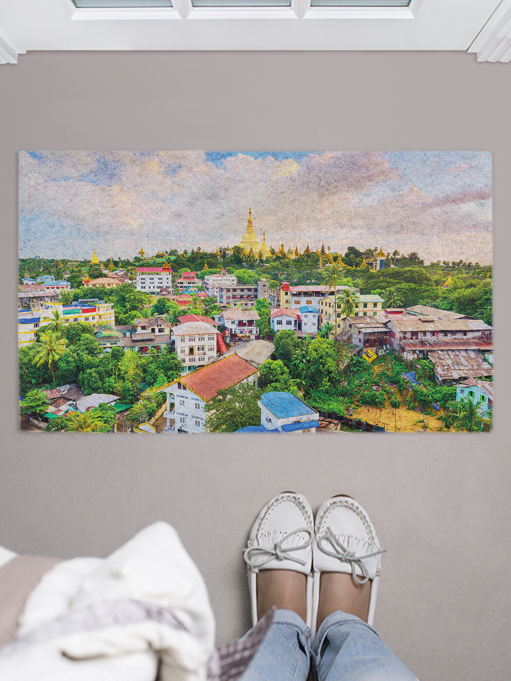 Коврик придверный в прихожую с принтом "Пейзаж города" 45x75 см , JoyArty