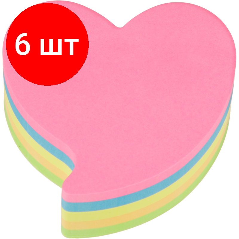 Комплект 6 штук, Стикеры фигурные Kores FANTASY HEART 70x70мм,5смешан. неон. цв. по 250л 48705