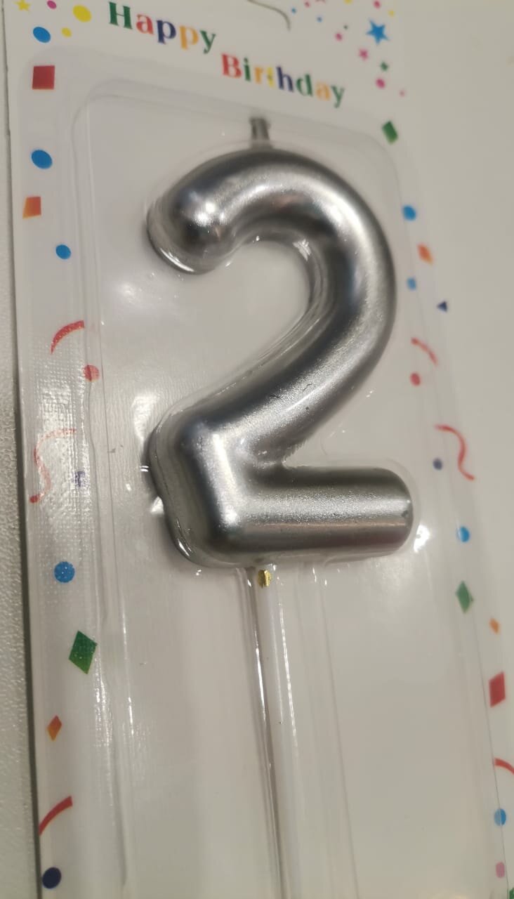 Свеча-цифра 2 для торта, серебристая