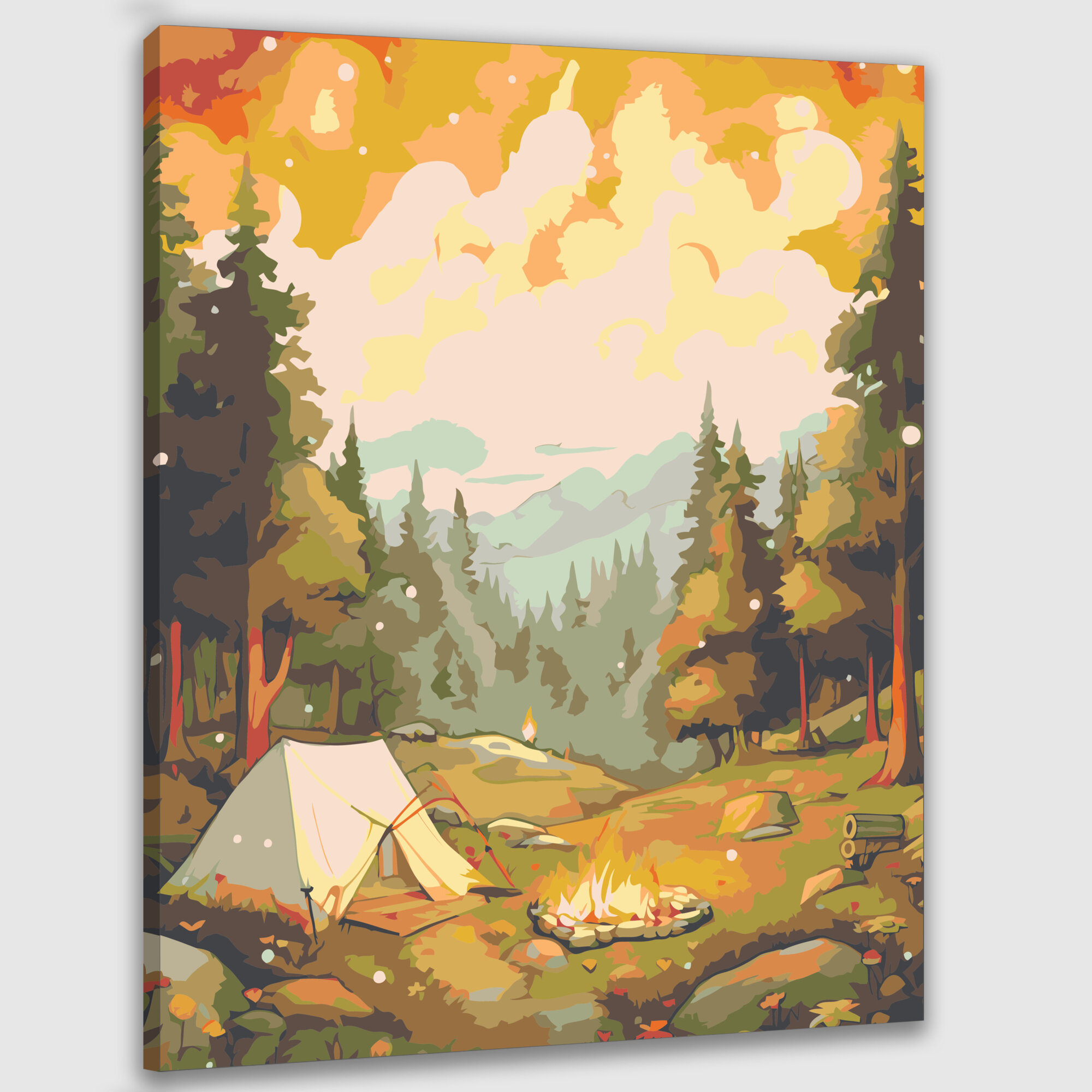 Картина по номерам 40x50 см, акварельная иллюстрация, кемпинг, палатки, луг, костер, пламя, золотистый отблеск, трава