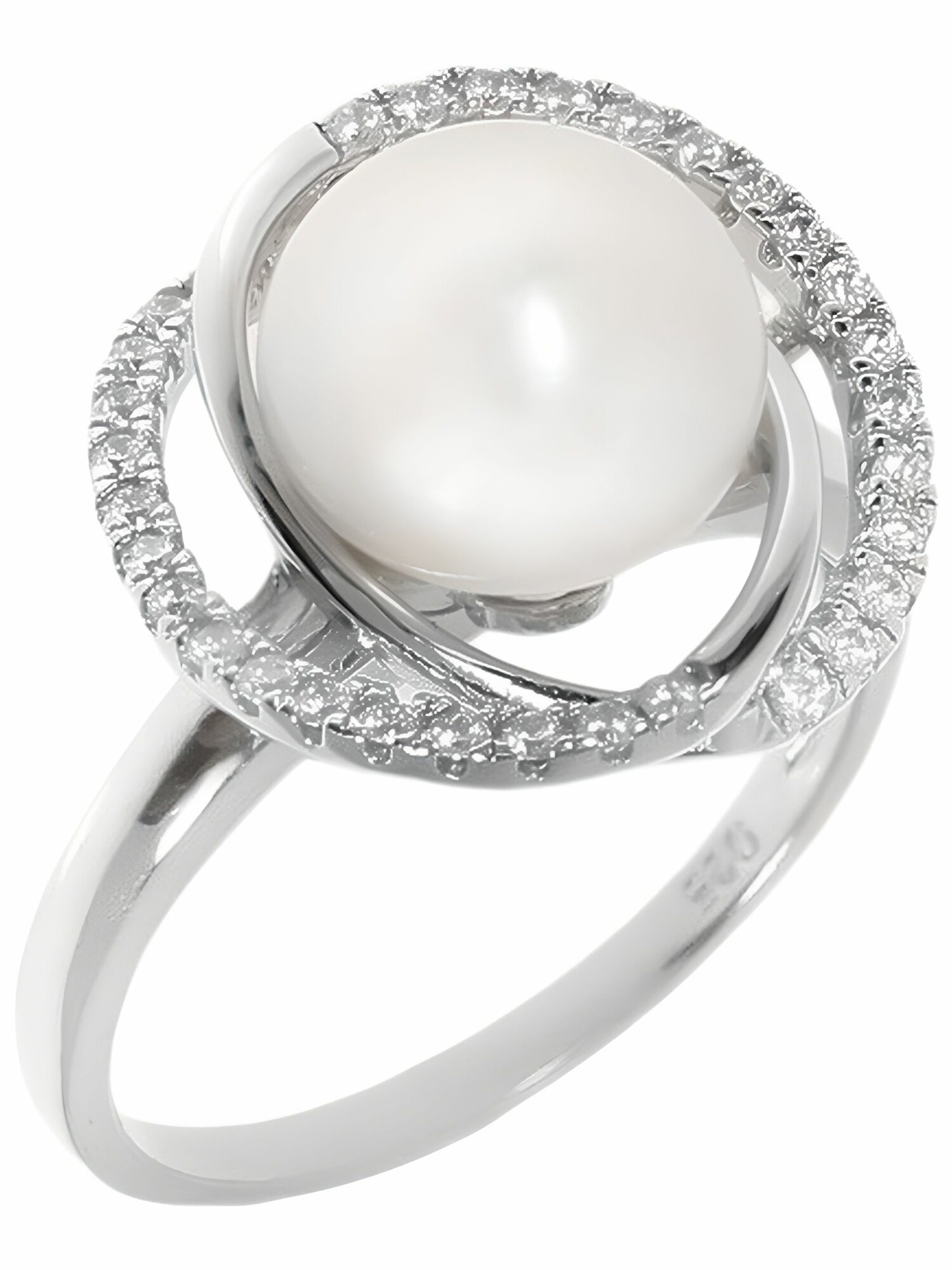 Кольцо тонкое, серебро, 925 проба, родирование, жемчуг культивированный, фианит