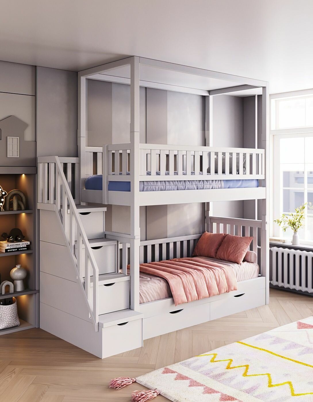 Двухъярусная кровать Лейла 90х190 с надстройкой, цвет: Белая эмаль