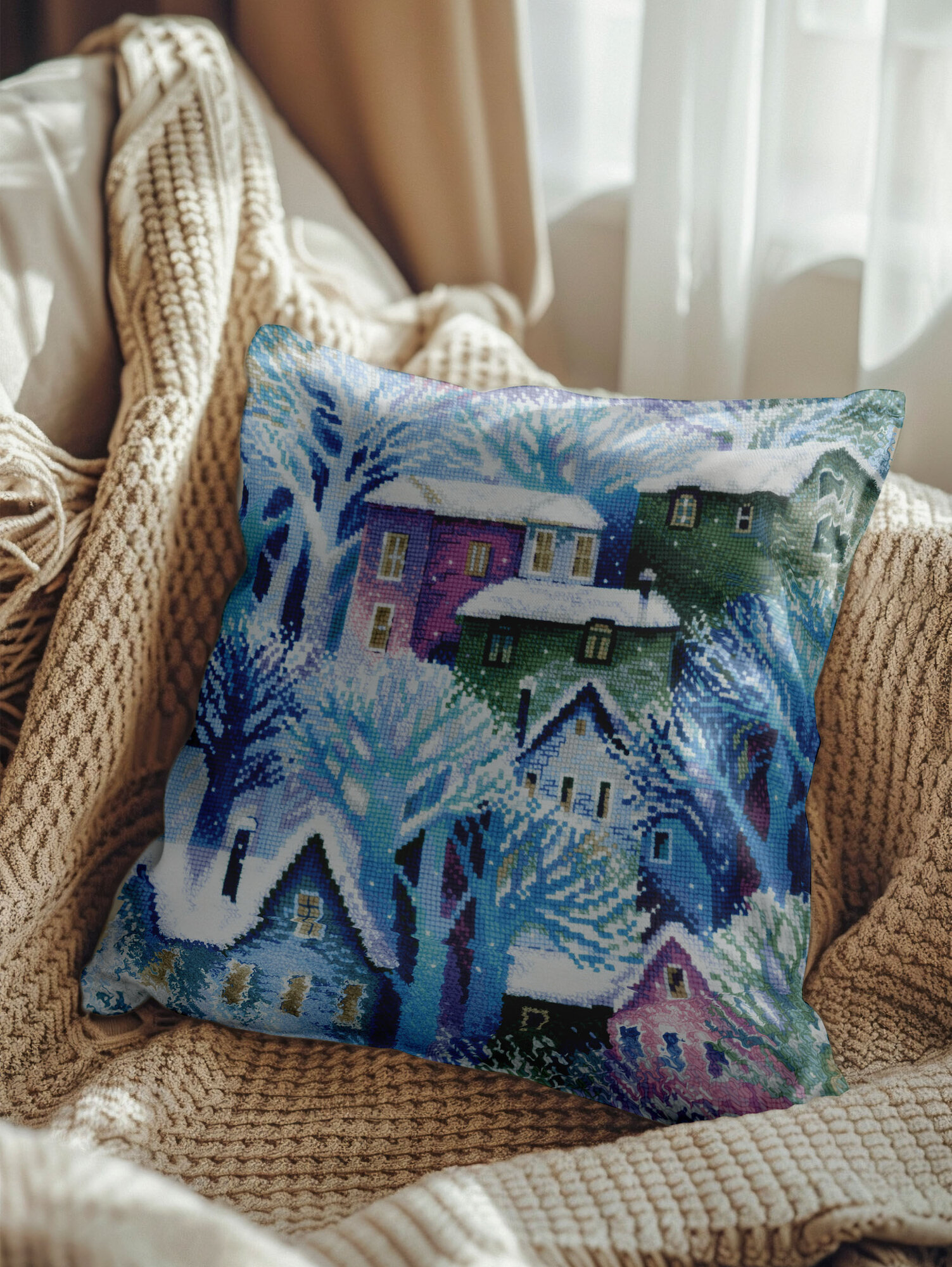 Набор для вышивания крестом Риолис, вышивка крестиком панно - подушка "Городок", 40*40см, 2247