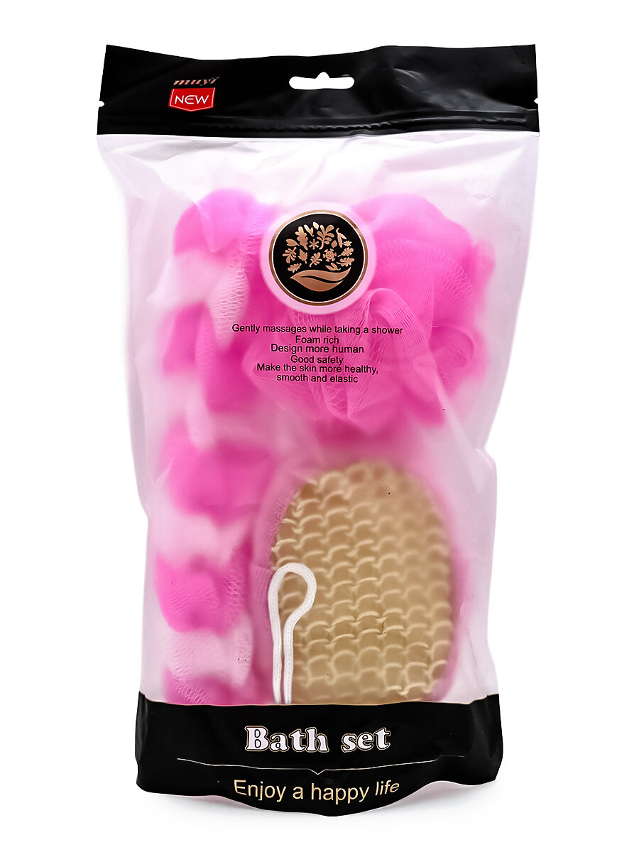 Muyi Набор мочалок - длинная, овальная и бантик Розовый Bath Set Pink №1, 3 шт