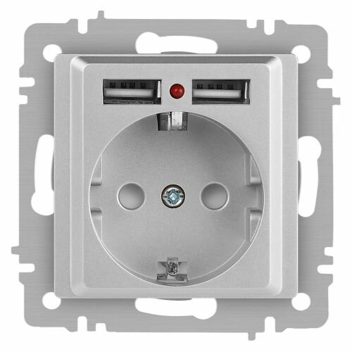 Розетка 1-м СП Accent 6-410-03 16А IP20 250В P+E Schuko + 2хUSB защ. шторки алюм. Intro Б0063694