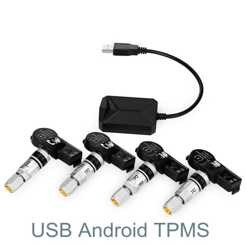 Система мониторинга давления в шинах (TPMS) для автомобилей с Android-навигацией, USB-подключением, внутренним и внешним датчиками температуры колес.