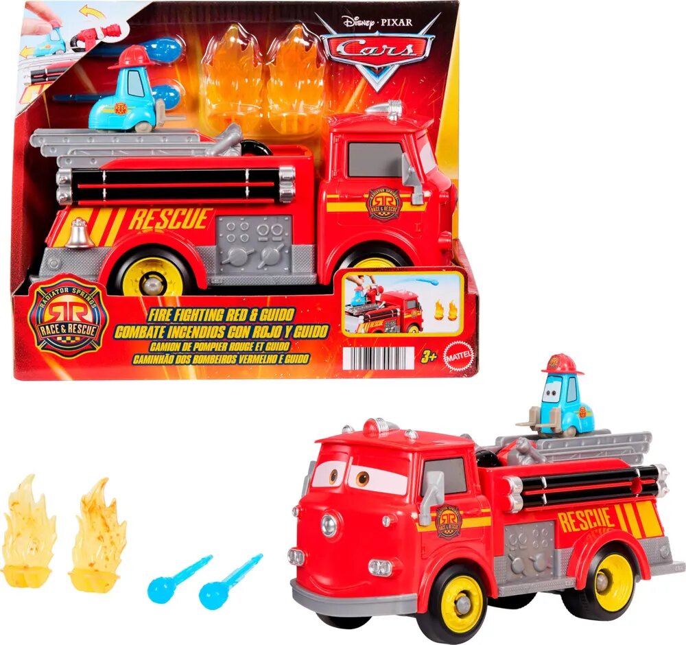Игрушечная пожарная машина Mattel Disney Pixar Cars, Пожарный Красный и Гвидо, 2 мишени с пламенем, 2 водяных распылителя, JFL54