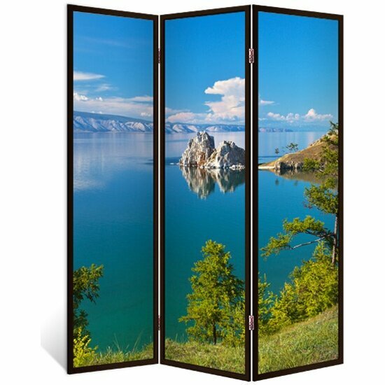 Ширма перегородка Декор Депо для комнаты деревянная "Алтай" двухсторонняя с картинкой (природа) 3 створки венге 176х140 см 11 кг