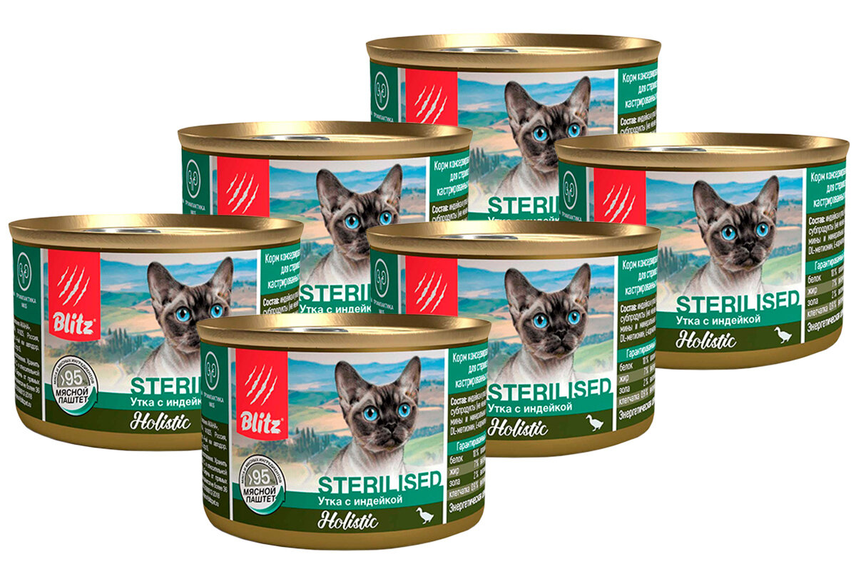 BLITZ HOLISTIC STERILIZED для взр кастр кот и стер кош паштет утка инд банка 200 гр 200 гр х 6 шт