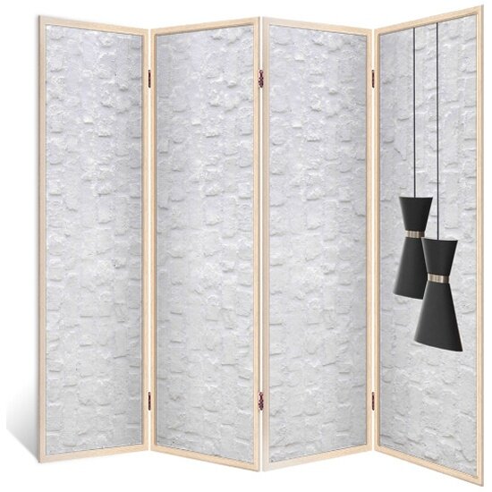 Ширма перегородка Декор Депо для комнаты деревянная "Стена из белого камня" двухсторонняя с картинкой (уют) 4 створки кремовый дуб 176х185 см 14 кг