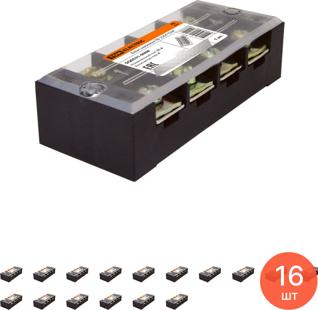 Блок зажимов TDM Electric / ТДМ Электрик ТВ-2504 колодка клеммная в корпусе из пластика черная, сечение 2.5мм2, 25А, 660В, 4 пары контактов / электрика (комплект из 16 шт)