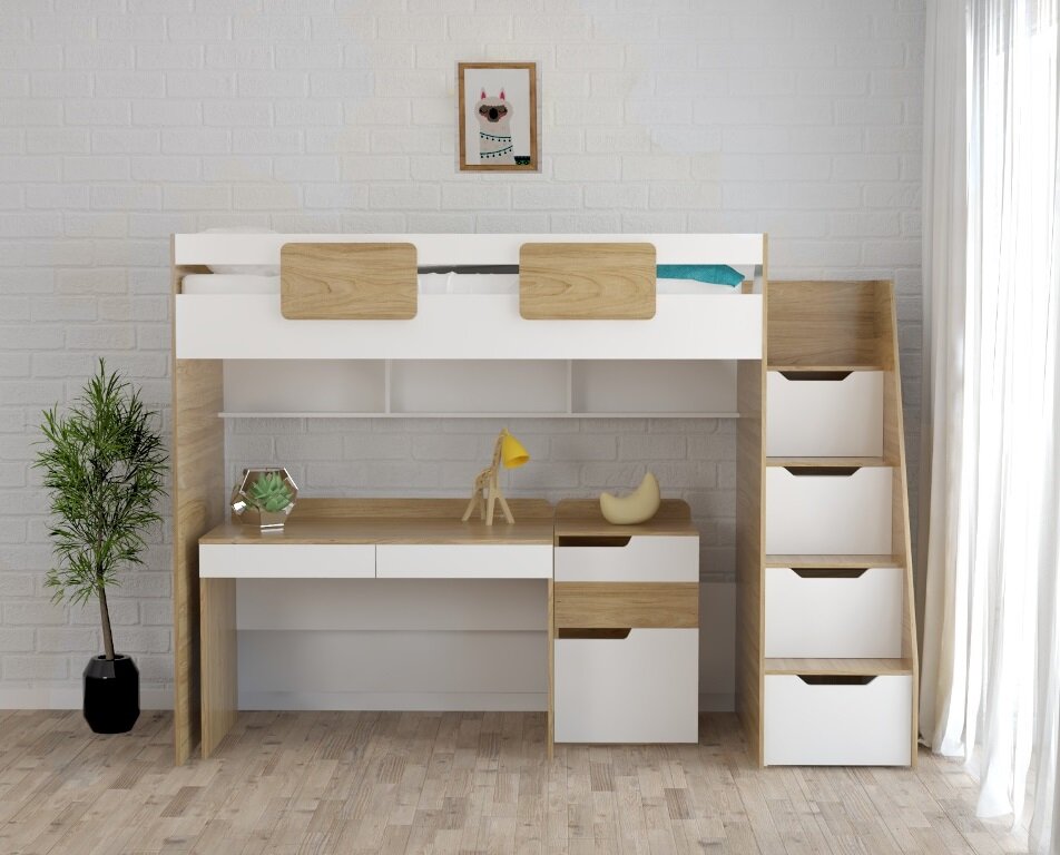 Набор: кровать-чердак Мозаика + Стол Мозаика + Тумба