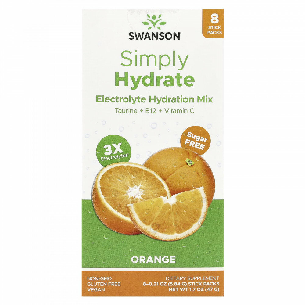 Swanson, Simply Hydrate, смесь электролитов для гидратации, апельсин, 8 стик-пакетов по 5,84 г (0,21 унции)