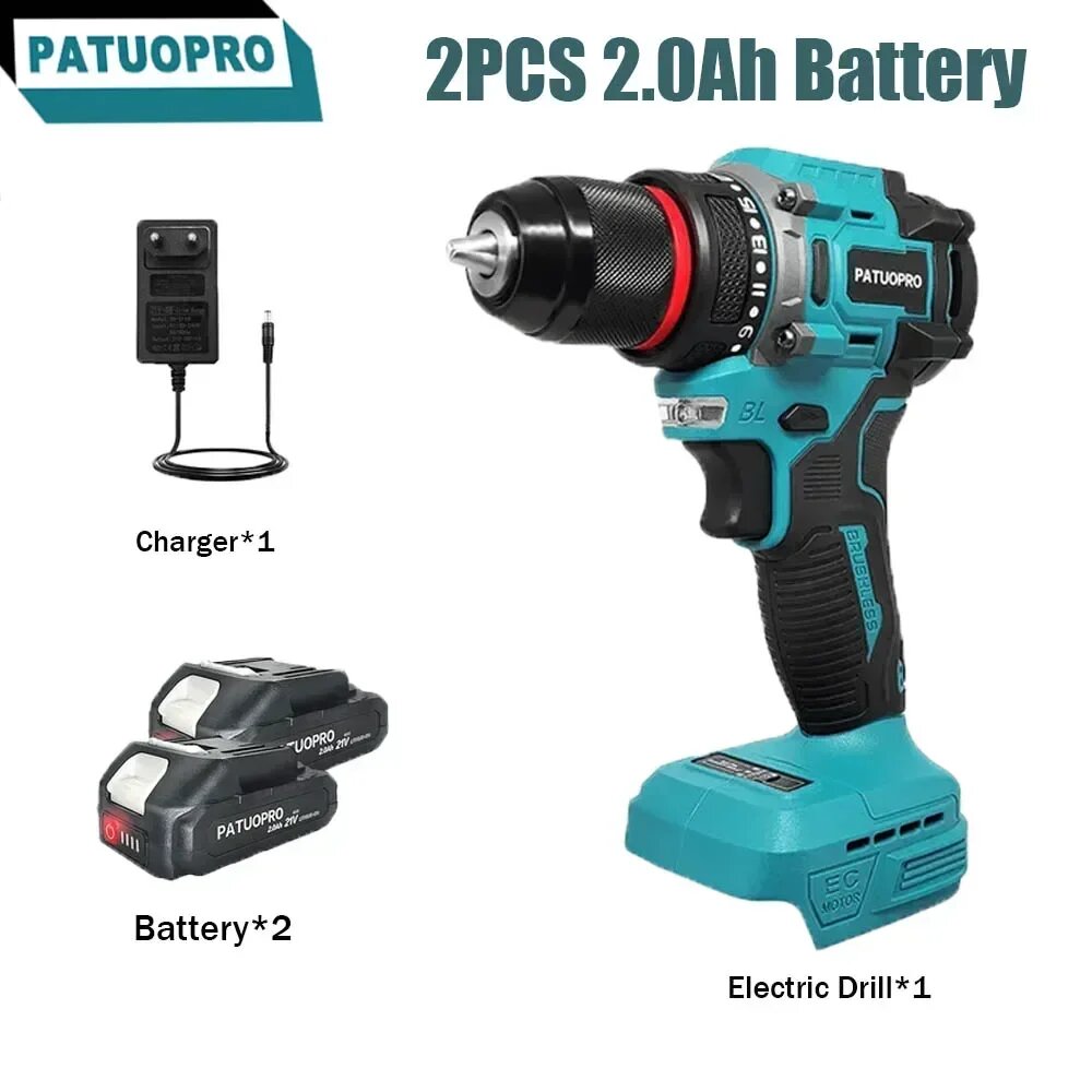 Бесщеточная аккумуляторная дрель PATUOPRO 20+1 Torque для аккумулятора Makita 18 2PCS 2.0Ah Battery