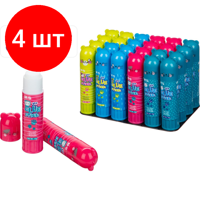 Комплект 4 штук, Клей-карандаш M&G So Many Cats, 15 г, PVP, в ассортименте