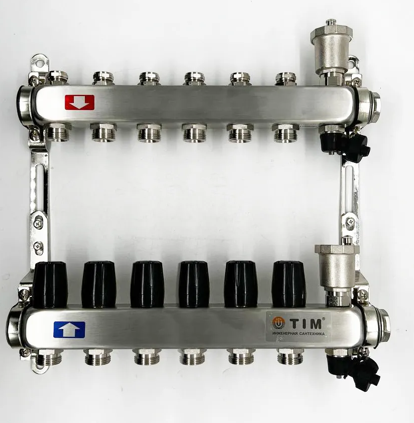 Коллекторная группа без расход. и кранов 6 вых. 1"х3/4" нерж (комп. возд-к, дрен. кран) TIM KBS5006