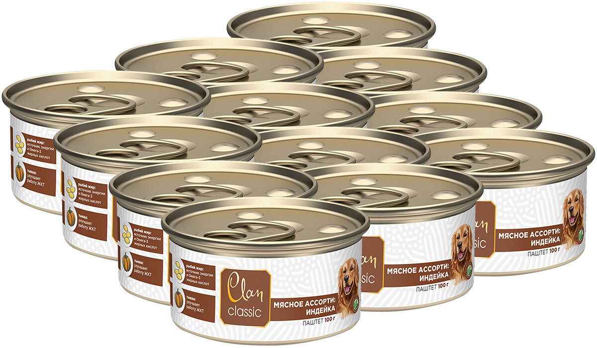 CLAN CLASSIC мясное ассорти для взрослых собак с индейкой (100 гр х 12 шт)
