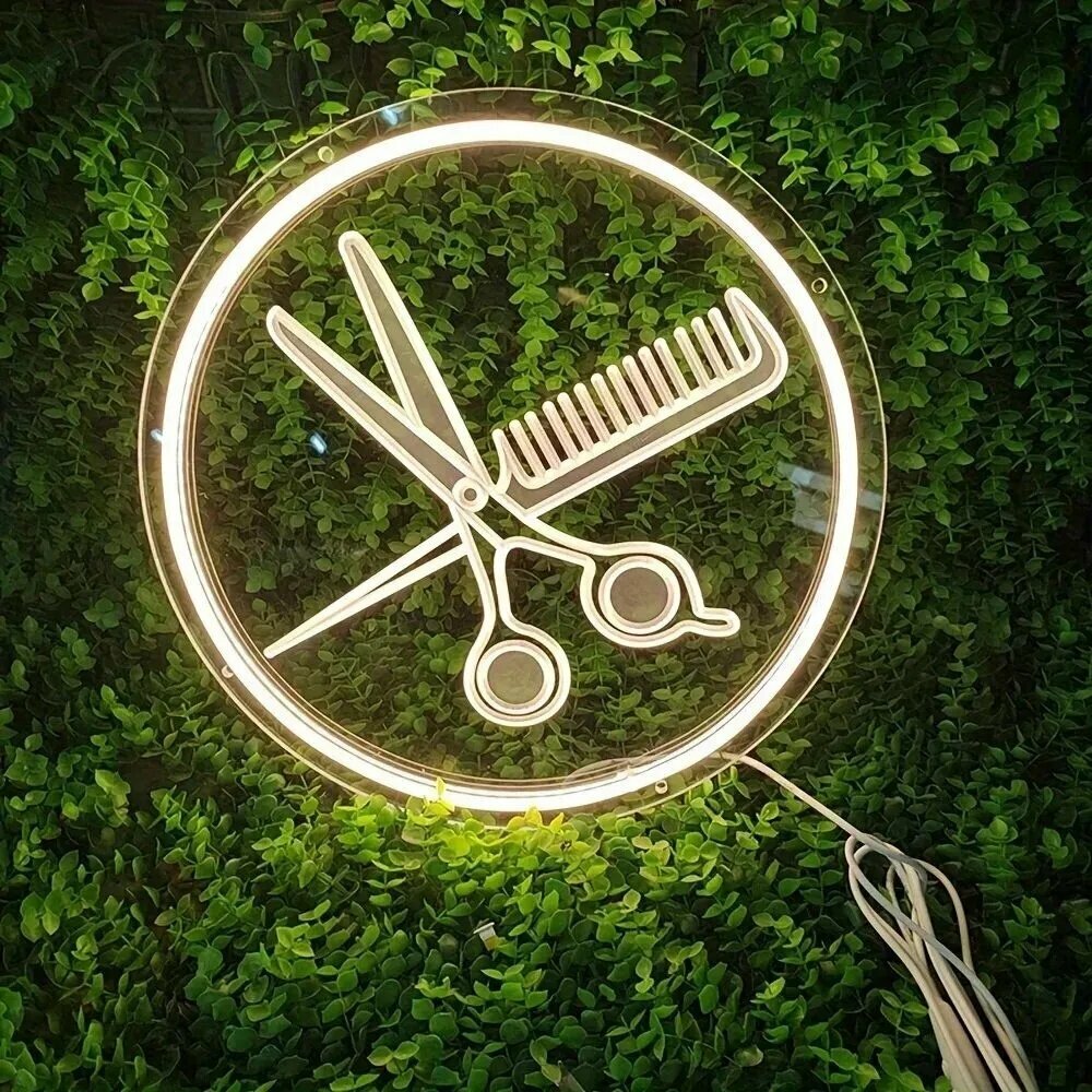 USB-питание Неоновая вывеска "Salon" с ножницами 30x30 см для парикмахерской, салона красоты, LED подсветка стен, влагостойкий акрил + цепь для подвеса