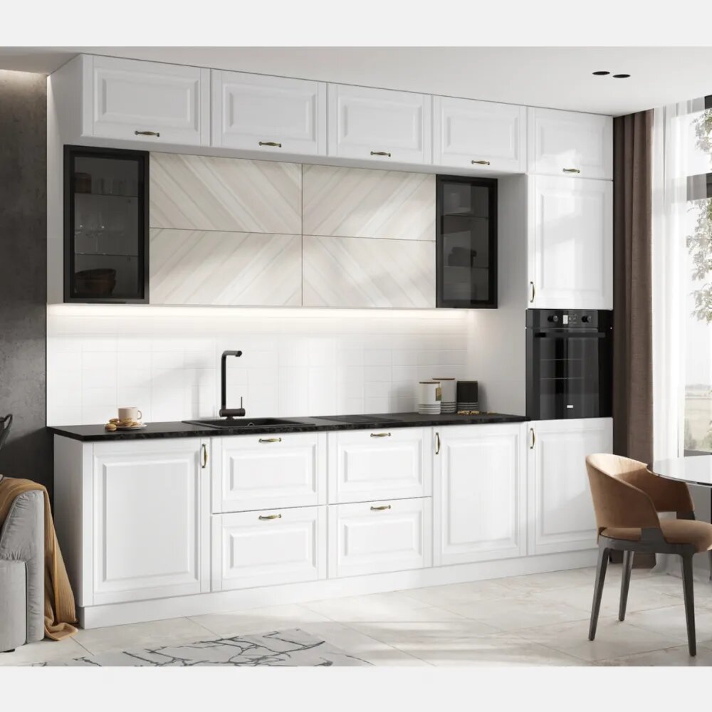 Кухня мркг 9/ Кухня Престиж 3,0м(490) Компоновка 2 Браш Вайт/Прайм жем/бел.(Каст. темн.)