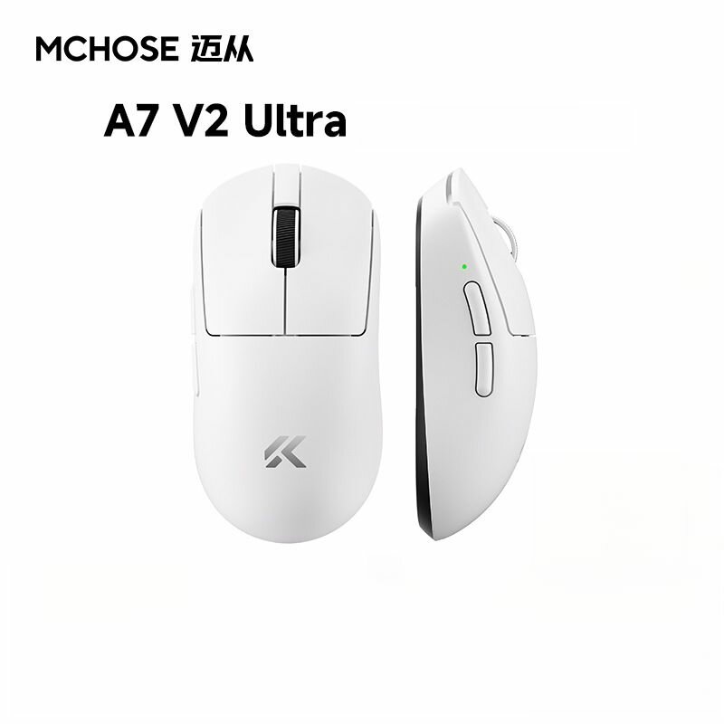 MCHOSE Игровая мышь беспроводная A7 V2 Ultra, сенсор PAW3950 Ti, Частота опроса проводная/беспроводная до 8К(Содержит 8к ресивер для мышек), Проводной/2.4G/BT, белый