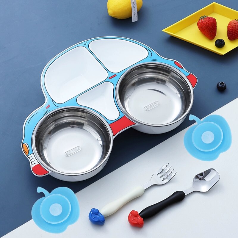 Детская тарелка для ужина, разделенная на секции, из нержавеющей стали, с защитой от падения, с рисунками, миска и