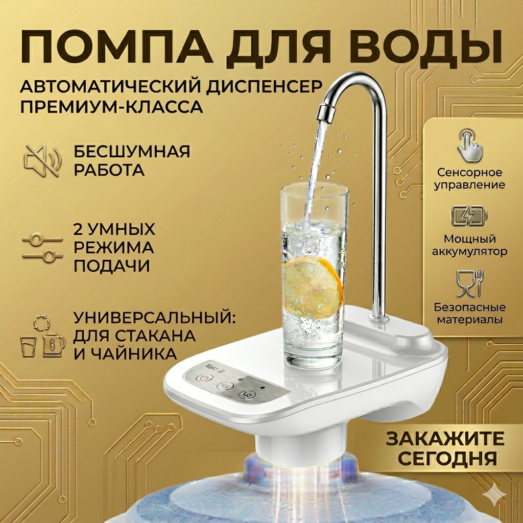 Помпа для воды на бутыль 19 литров, электрическая, установка на бутылку, сверху, белая, 1500mAh, 2.5 л/м