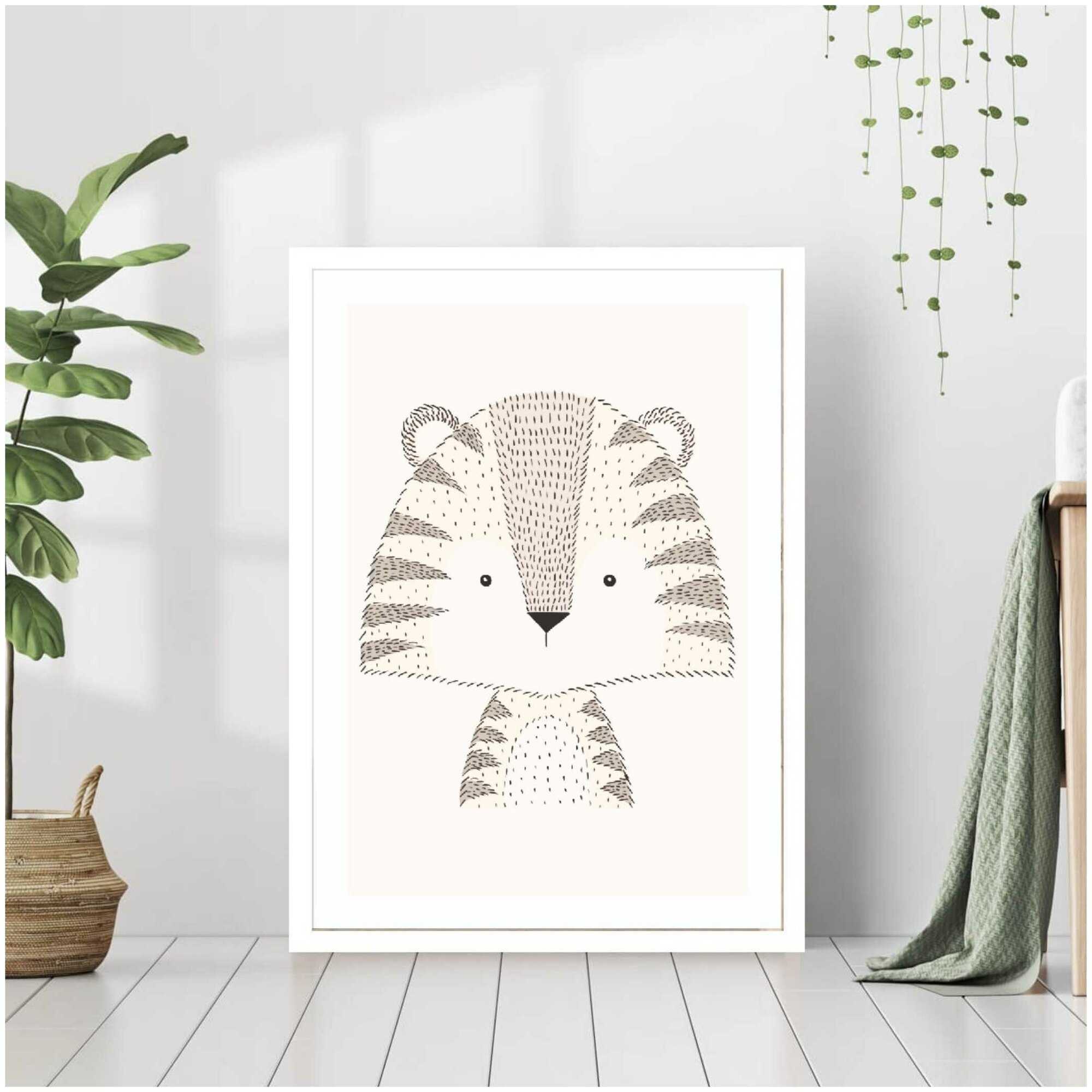 Постер "Тигренок, животные рисунок для детской комнаты" 40x50 в белой рамке для интерьера на стену