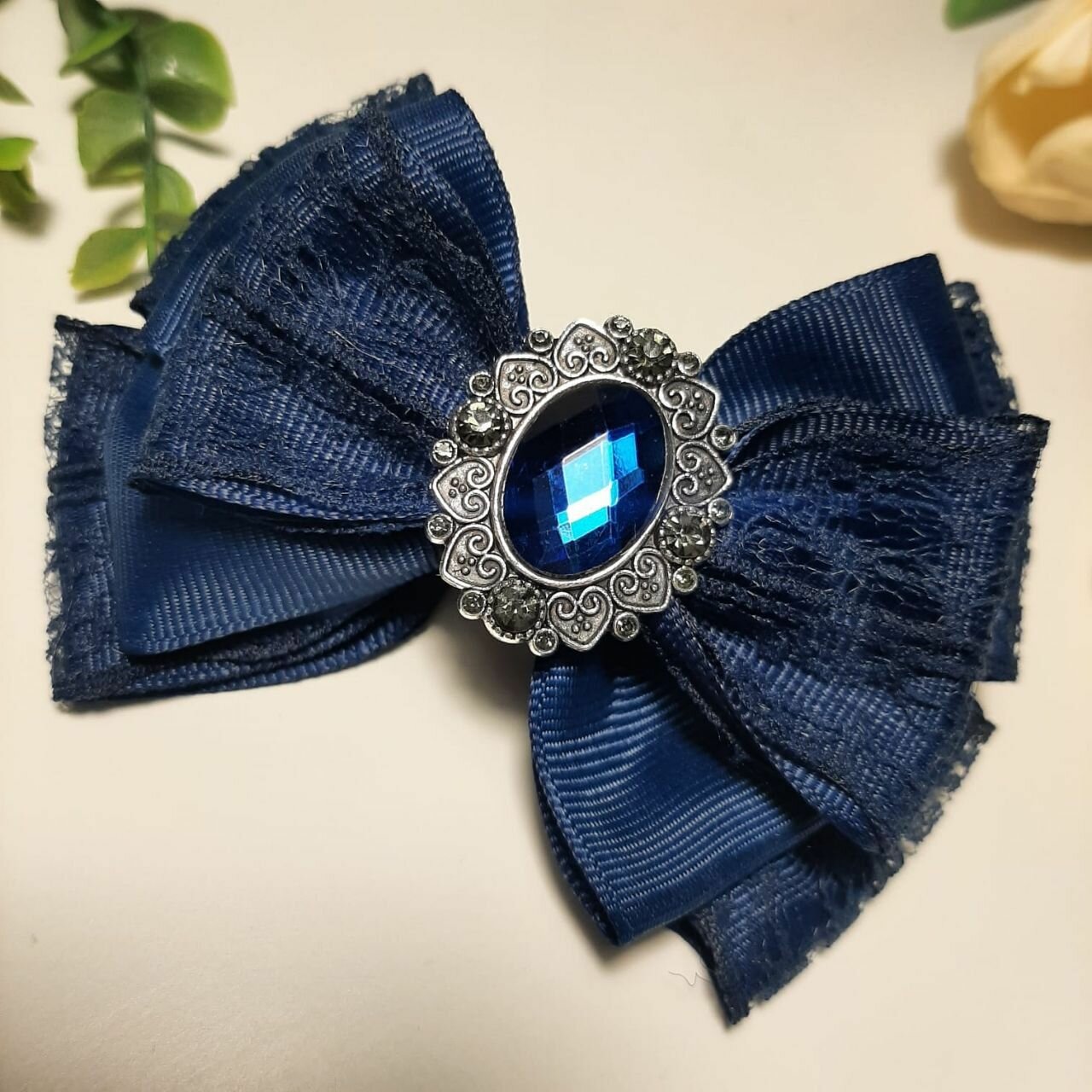 Бант для волос "Винтаж", женский, текстиль, кружево, 11 см x 80 см, синий