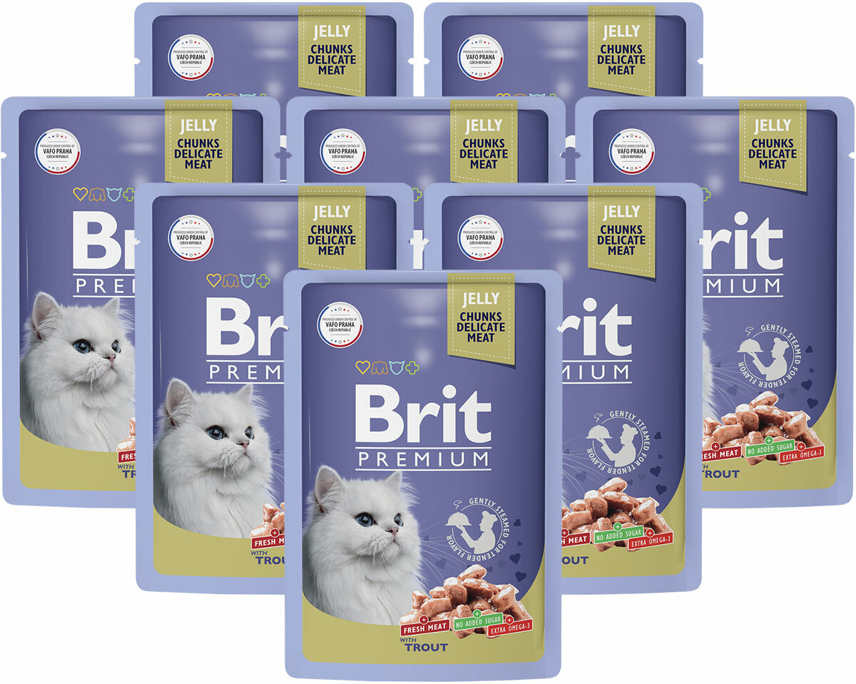 Корм влажный Brit Premium для взрослых кошек c форелью пауч кусочки в желе, 85 г х 8 шт