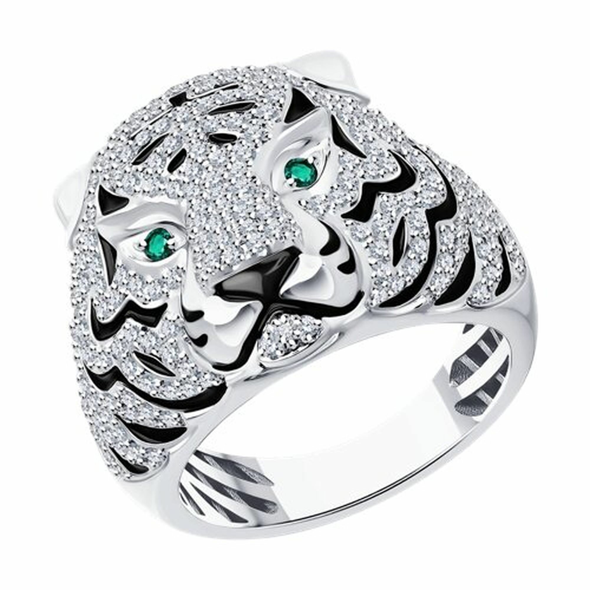 Кольцо, белое золото, 585 проба, бриллиант, эмаль, изумруд