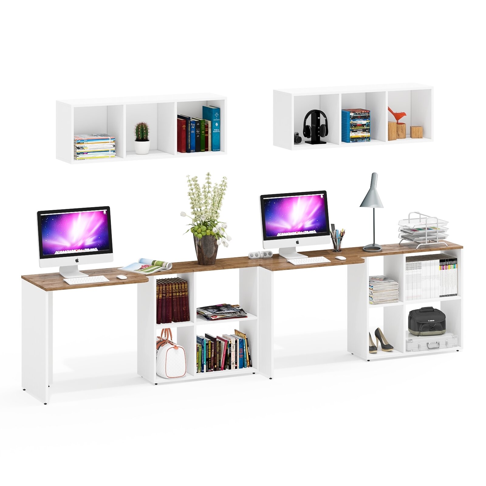 Место для учёбы двоих детей МД Лидер-8 из столов с полками, белый шагрень/крафт золото, 330х50х190 или 230х80х190 см.