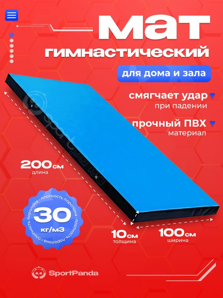 Мат гимнастический 200х100х10 см, мягкий щит (30 плотности).
