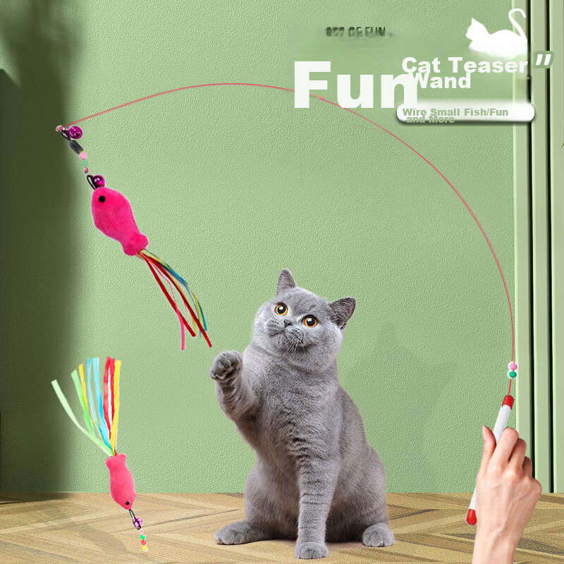 Hanhan Leyuan Cat Teaser Wand with Small Fish, Extended 90cm, Cat Toy Long Pole, Metal Hanging Rod, Steel Wire Feather Teaser Wand, Cat Teeth Grinding Toy, Interactive Kitten Toy, Cat Entertainer