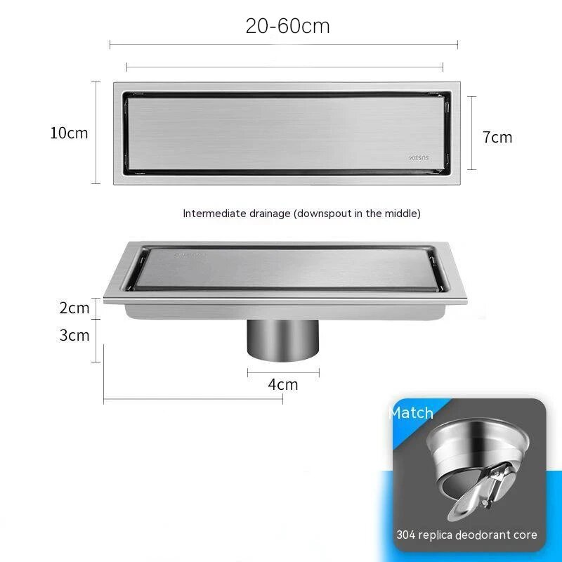 Невидимый слив для пола из нержавеющей стали 304 Brushed Silver Mid, 10x20cm