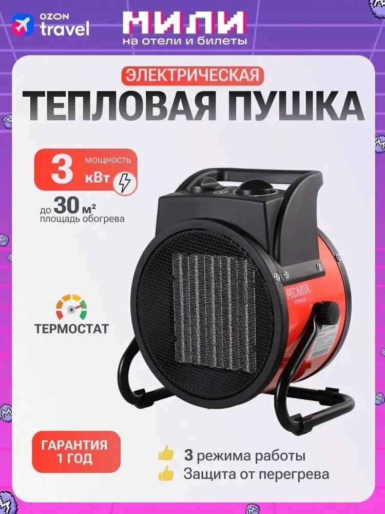 Тепловая пушка электрическая Ресанта ТЭПК-3.0/2КМР (керамич. Нагревательный элемент круглый, 2 кВт; 3 режима; регулировка температуры)