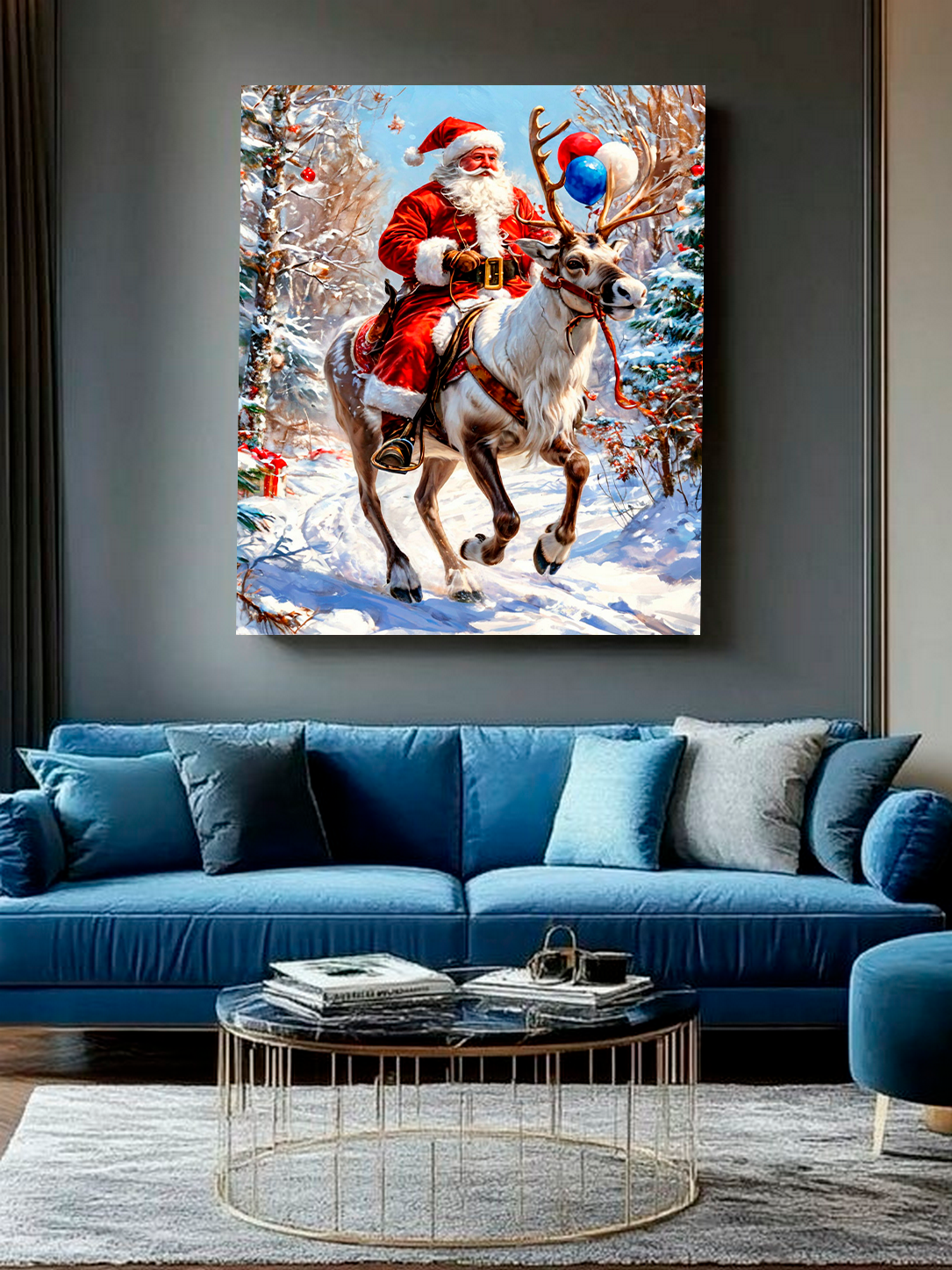 Картина на стену для интерьера "Санта на олене" 40х50 см, холст на подрамнике, InterToys