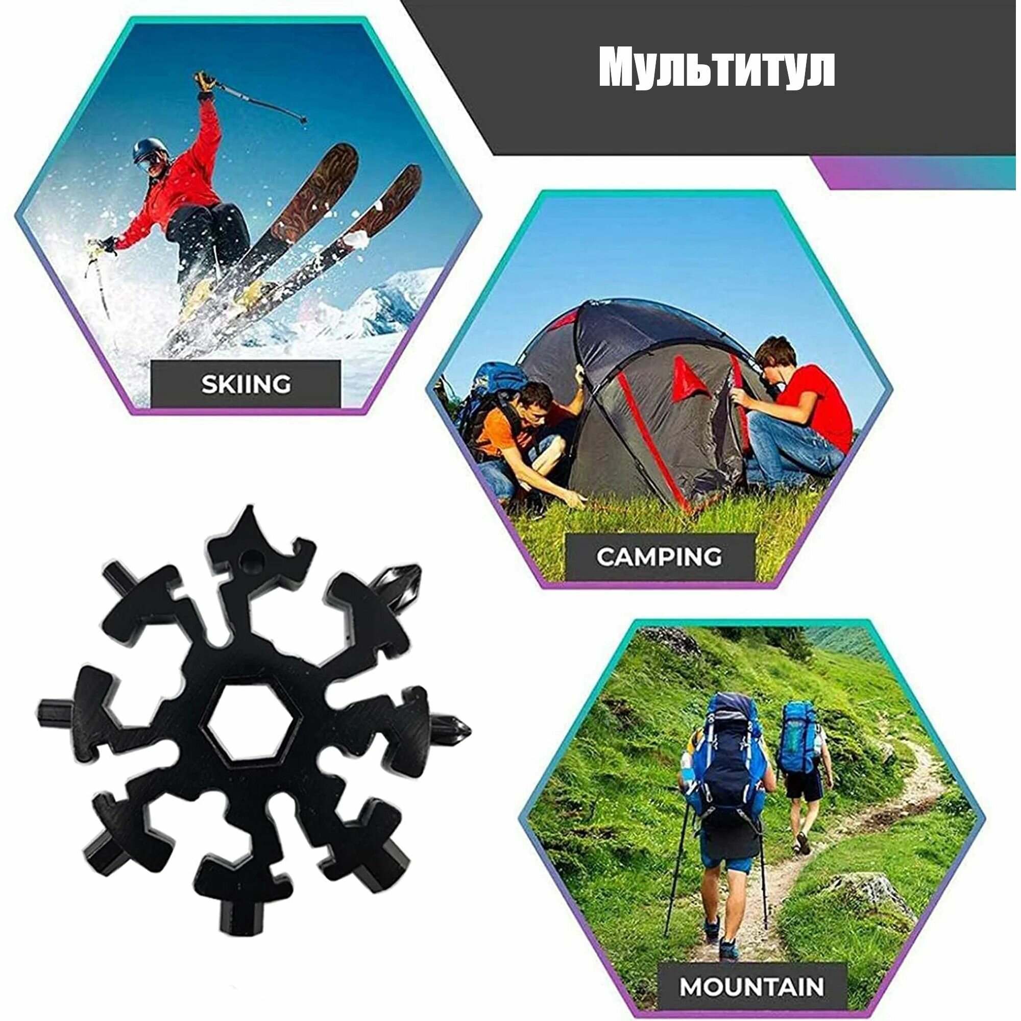 Многофункциональный инструмент, брелок, мультитул, 20 в 1, черный.