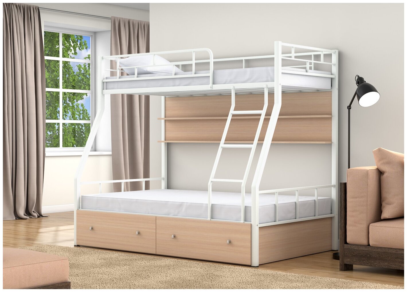 Двухъярусная кровать Раута Белый ящики полка дуб молочный