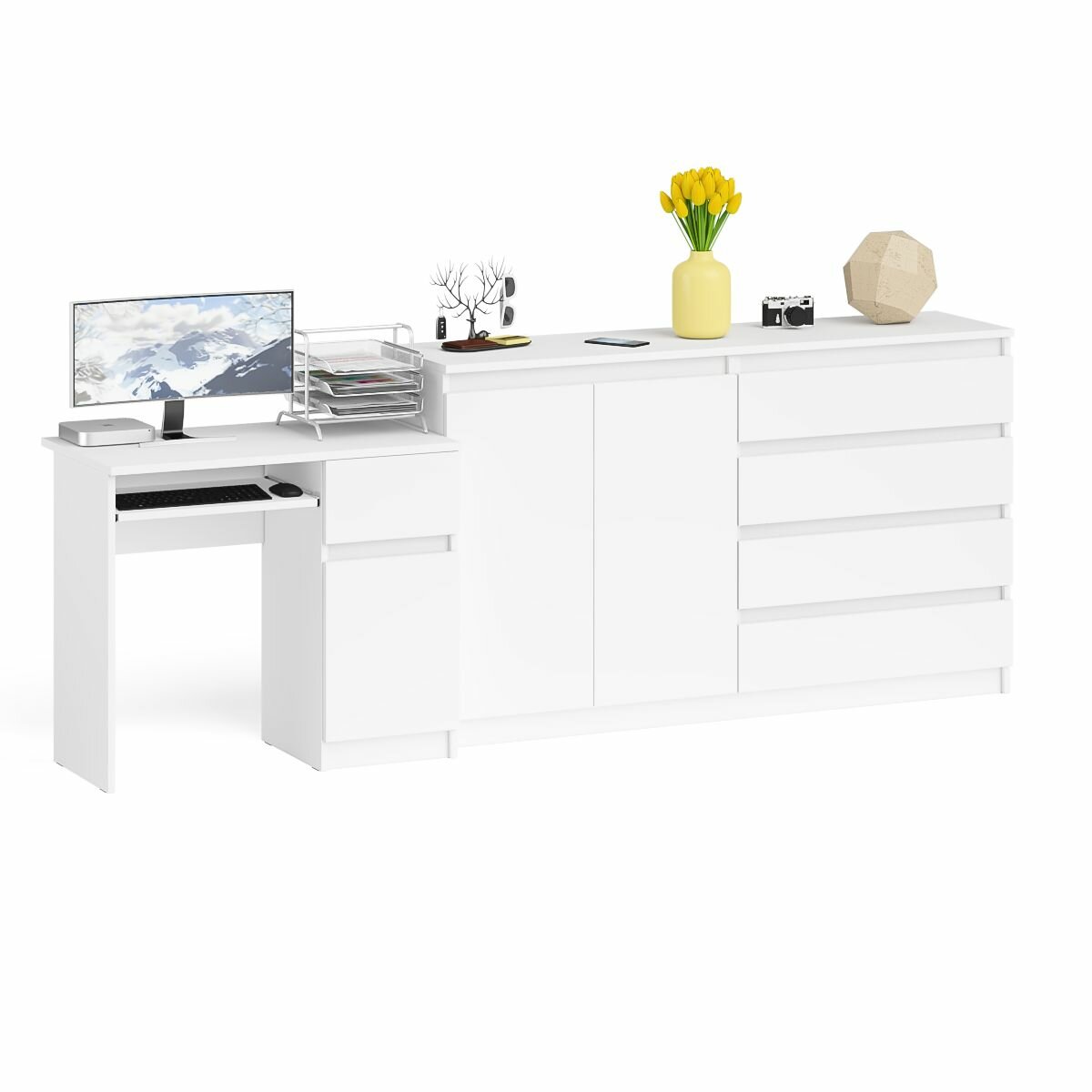 Комод-тумба ящики и дверки СВК Мори 11600 и стол компьютерный правый цвет белый, 250,4х50х94 см.