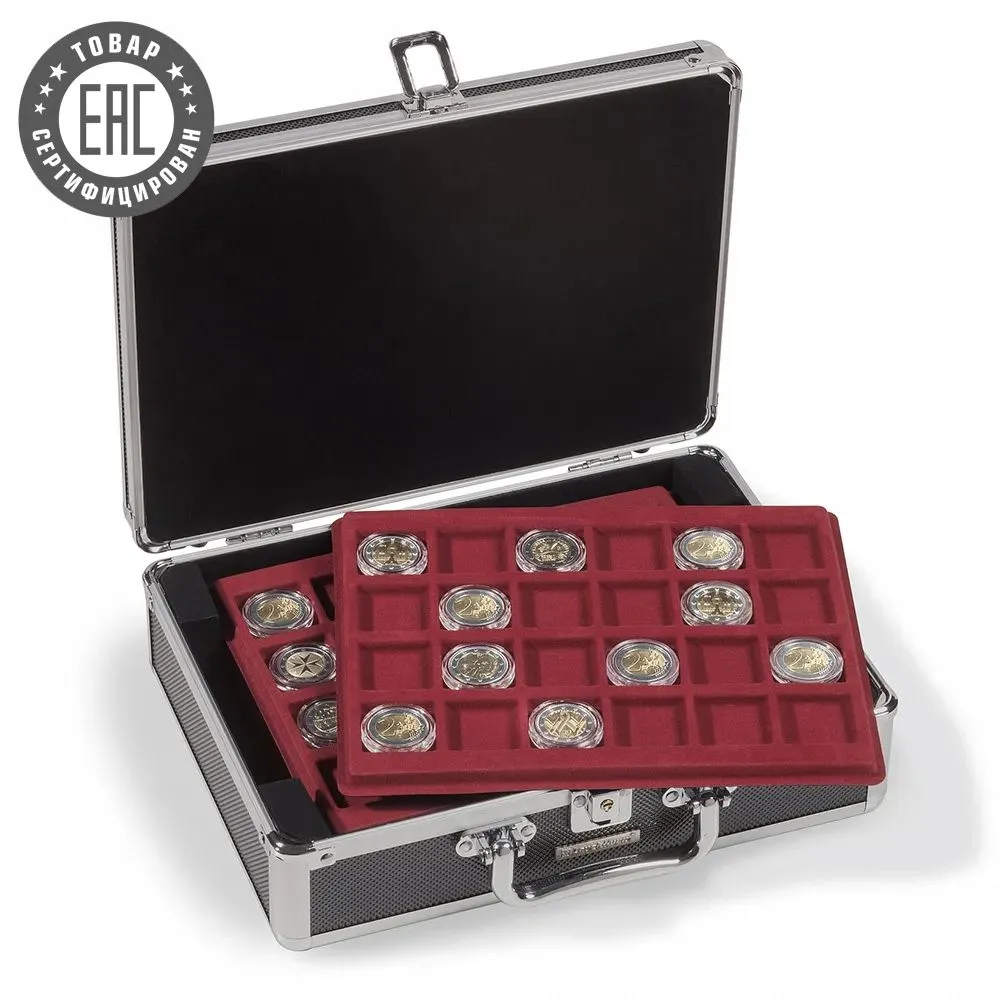 Чемодан KOS 2 EU BLACK на 144 монеты, с красными планшетами. Leuchtturm, #360209