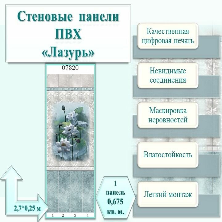Панель ПВХ Лазурь 270см*25см, панно (декор 4 панели), арт. 07320, упак. 1 комплект