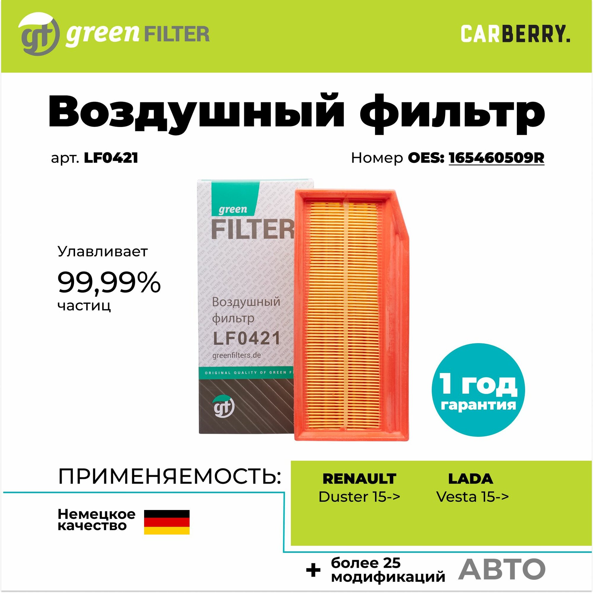 Фильтр воздушный Green Filter LF0421 для RENAULT Duster и LADA Vesta