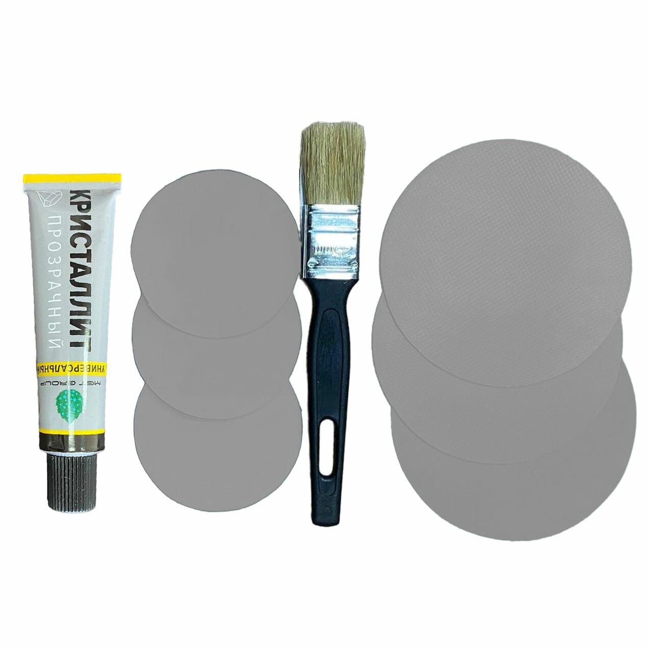 Набор для ремонта лодок ПВХ матрасов и прочих изделий из ПВХ светло-серый - Клей MGT GROUP - Кисть - Заплатки ПВХ 650 гр/м d8 и d11