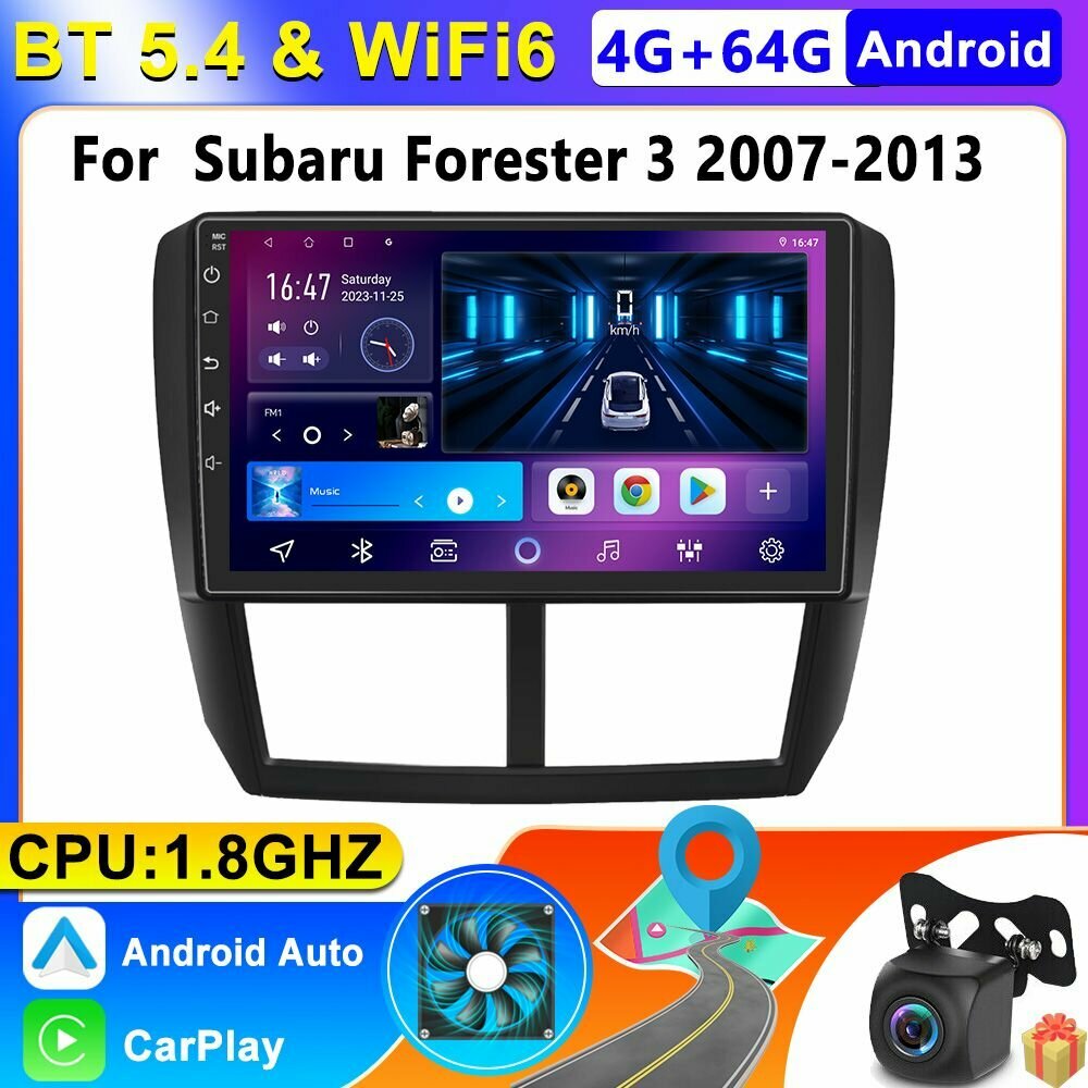 Магнитола для Subaru Forester; Impreza 2007-2013, 4 ядерный процессор 4/64Гб ANDROID, IPS экран 9 дюймов, Wifi, андроид штатная автомагнитола, головное устройство Субару Форестер Импреза