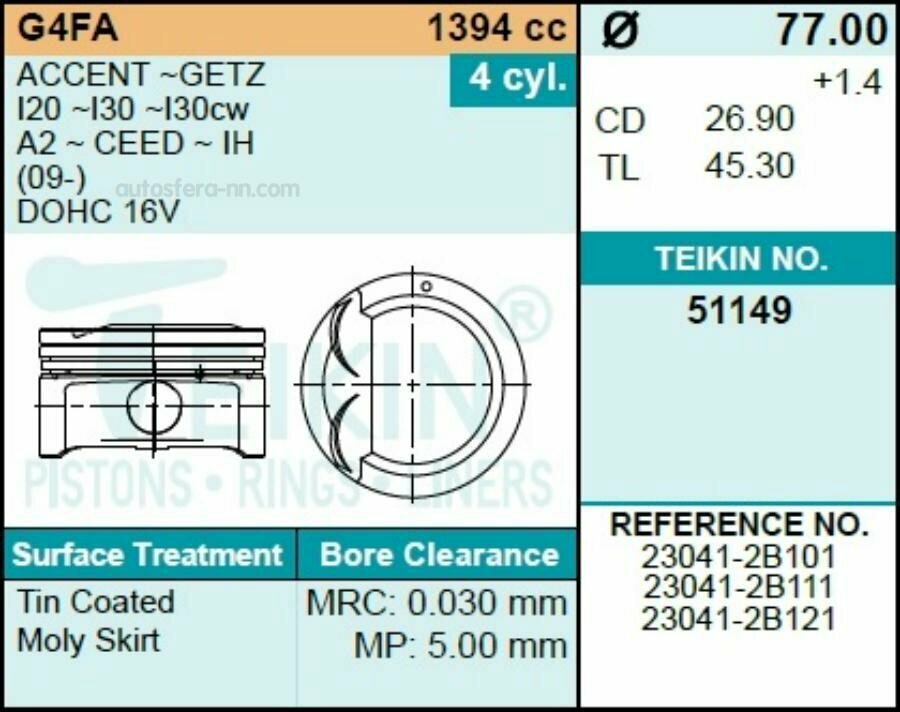 TEIKIN 51149050 Поршень без колец ( цена за 1 шт) Hyundai/KIA 1.4L G4FA d77.0+0.50